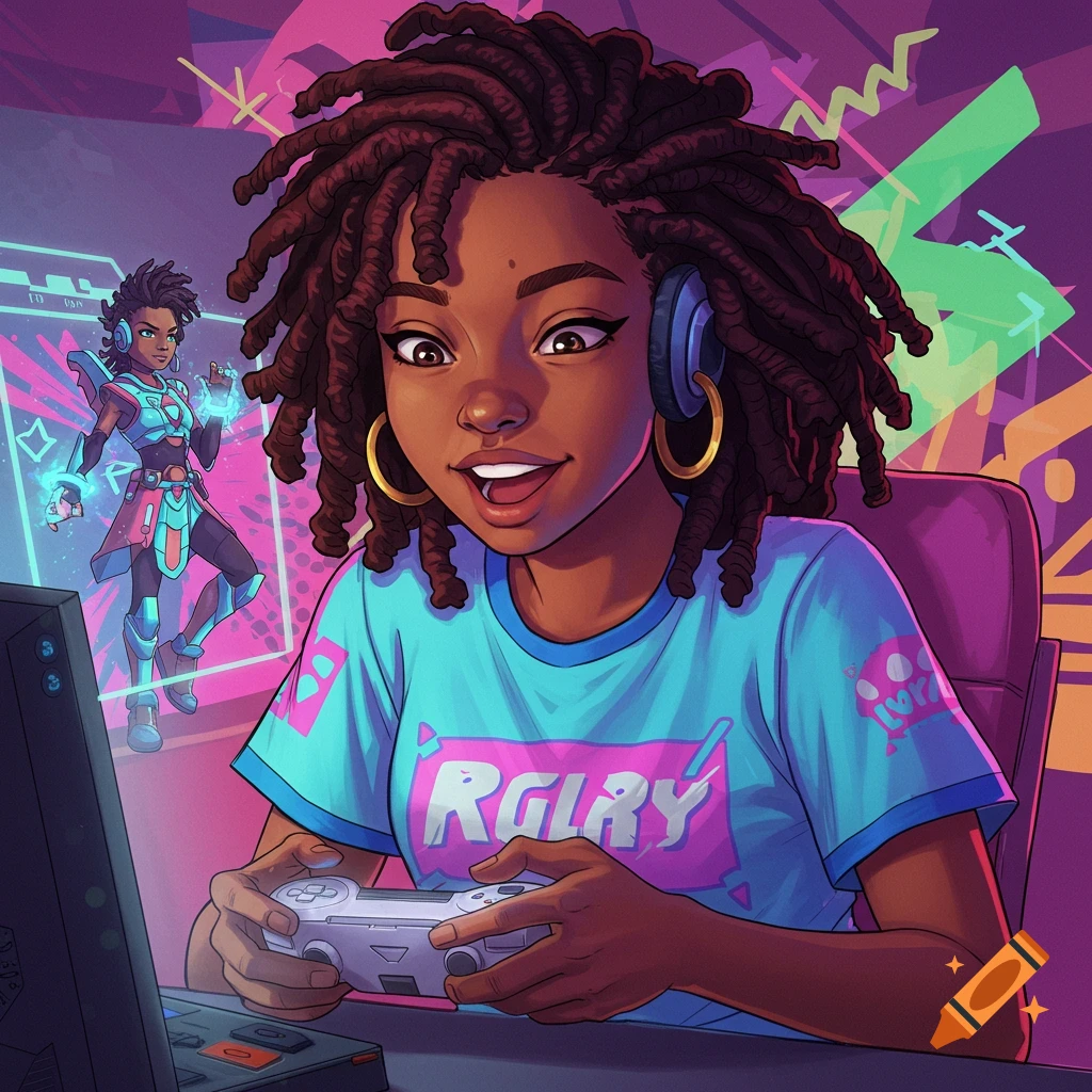 A young Black woman with micro locs and headphones plays a video game ...