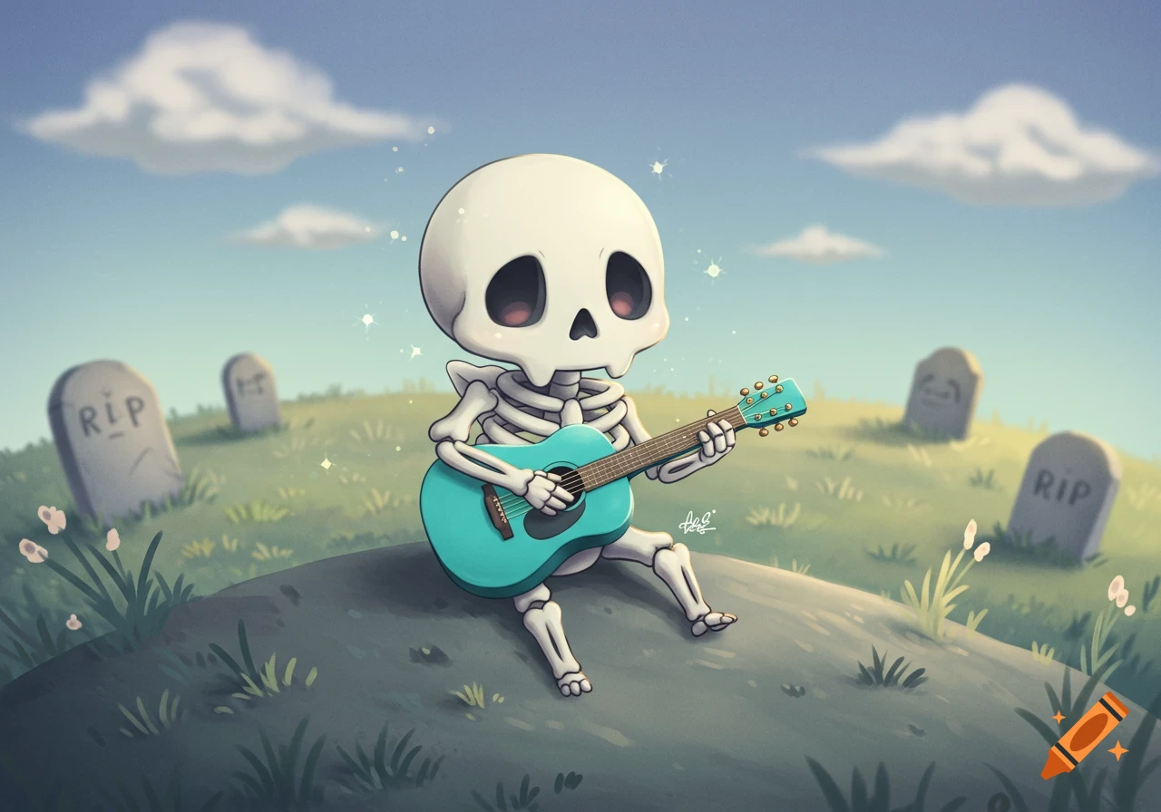 A cute, cartoon-style skeleton with large eyes sits on a hill playing a ...