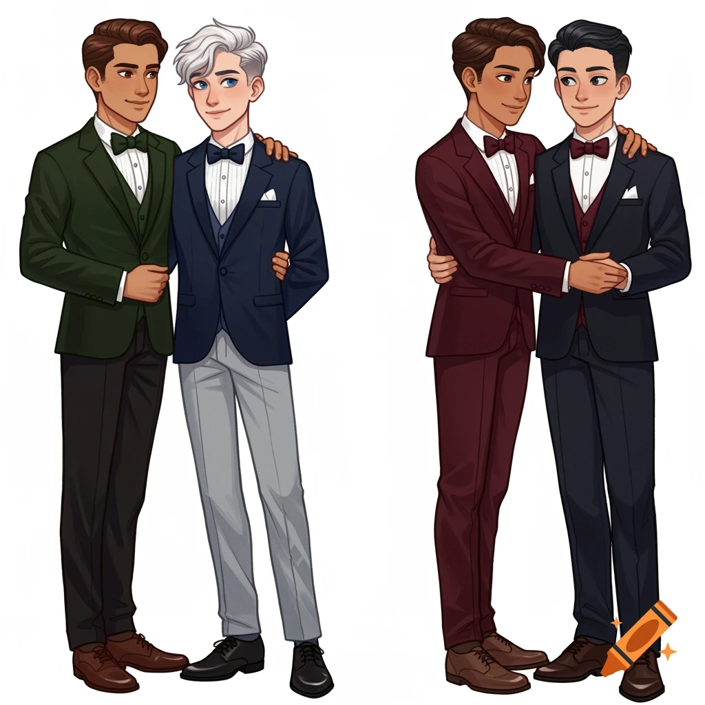 Two pairs of young boys in formal tuxedos, embracing, in a stylized 2D ...
