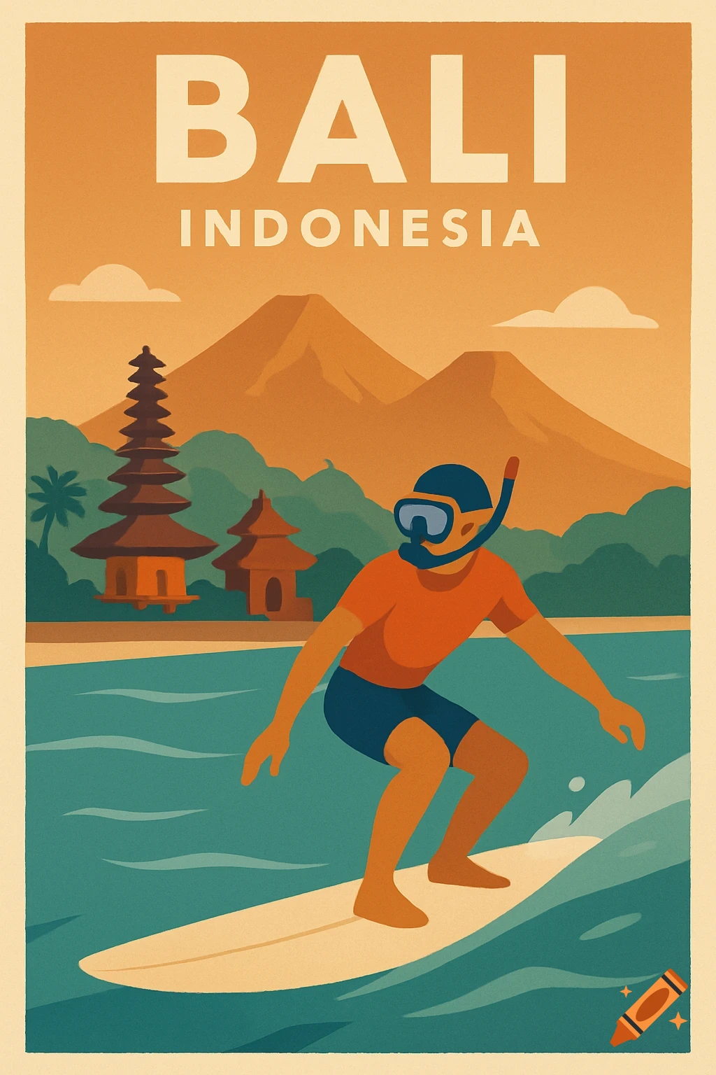 Vintage minimalist travel poster of Bali, Indonesia, showing a person ...