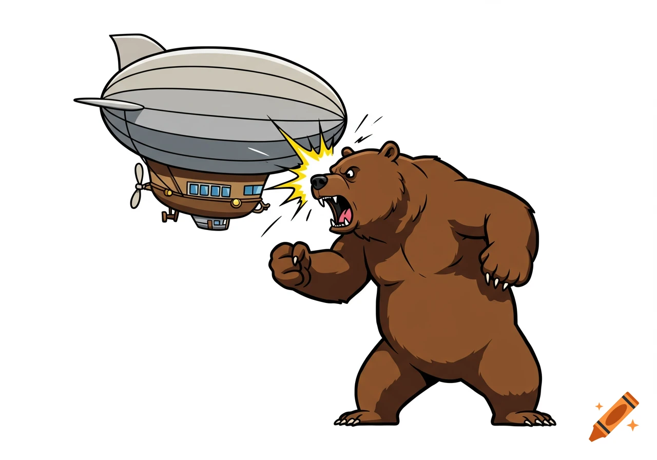 A cartoon bear punches a zeppelin, depicted in a simple, bold style. on ...