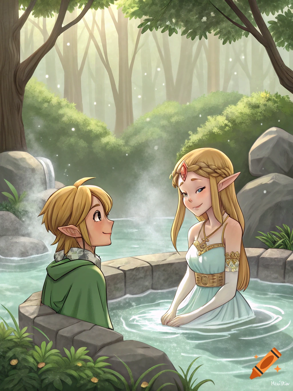 Link and Zelda from Breath of the Wild bathing in a steamy hot spring ...