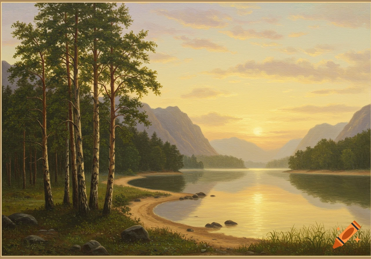 A serene classical landscape painting depicting a tranquil lake at ...