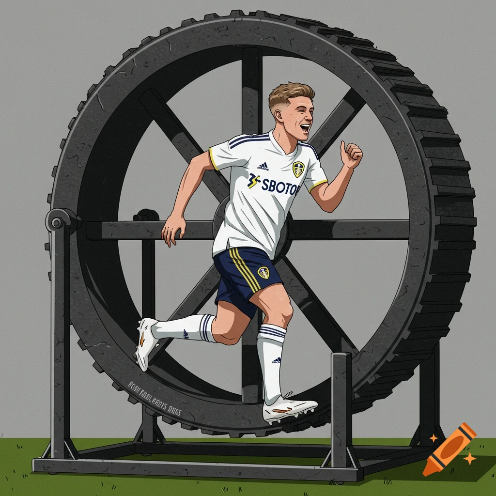 A cartoon illustration of a Leeds United footballer running inside a ...