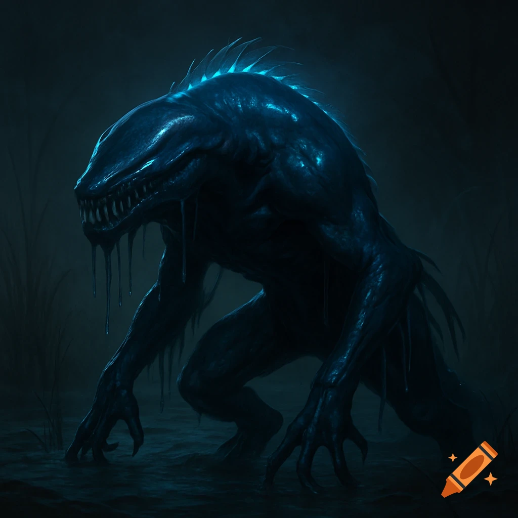A dark, hunched monstrous creature with glowing blue highlights, sharp teeth, and dripping ...