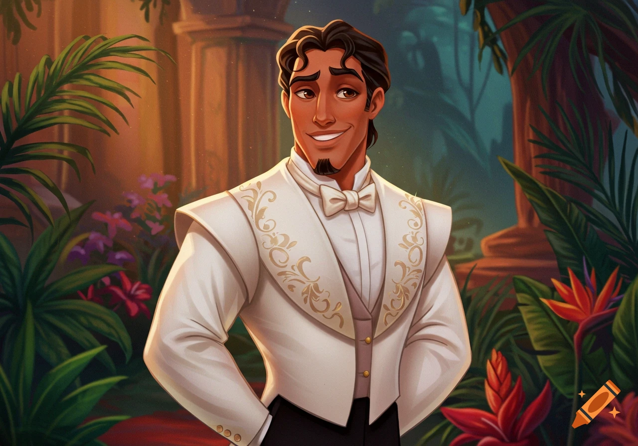 An animated prince with dark skin and hair, wearing a white suit ...