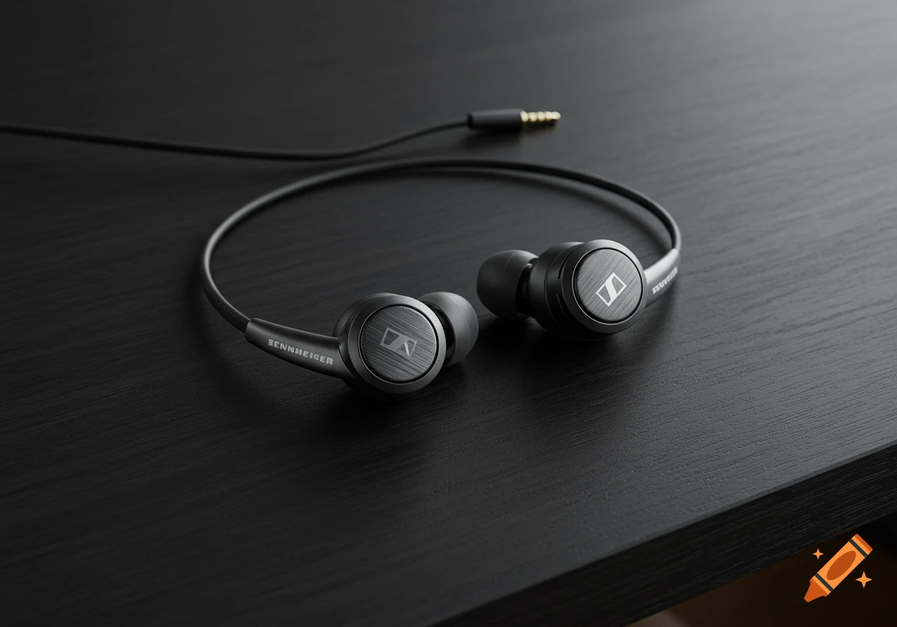 Photorealistic image of black Sennheiser Accentum Open earbuds lying on ...