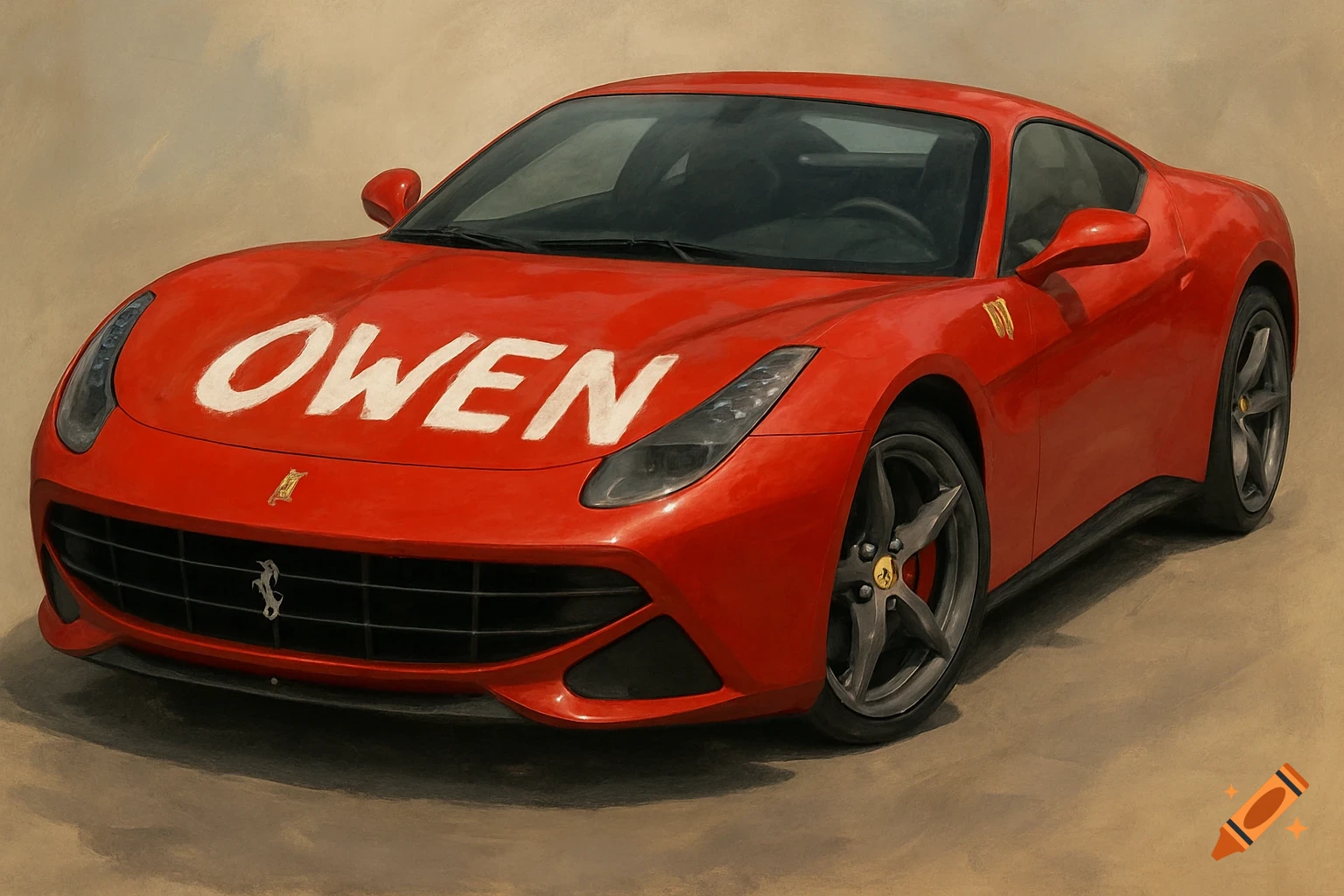 A red Ferrari sports car with 'OWEN' painted in white on its hood, in a ...