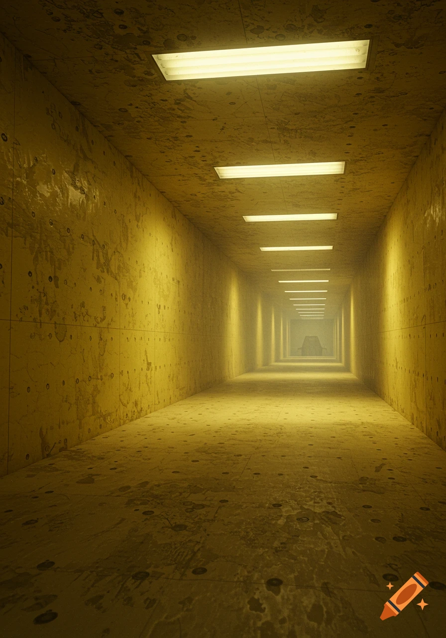A long, yellow, grimy corridor with fluorescent lights extending into ...