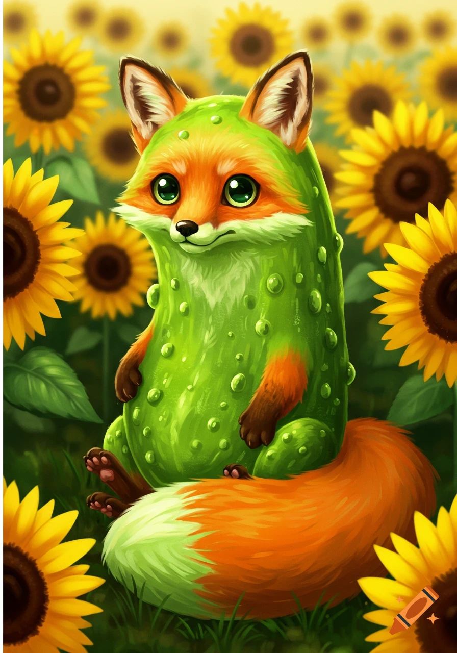 A whimsical pickle-shaped fox with big green eyes sits in a field of ...
