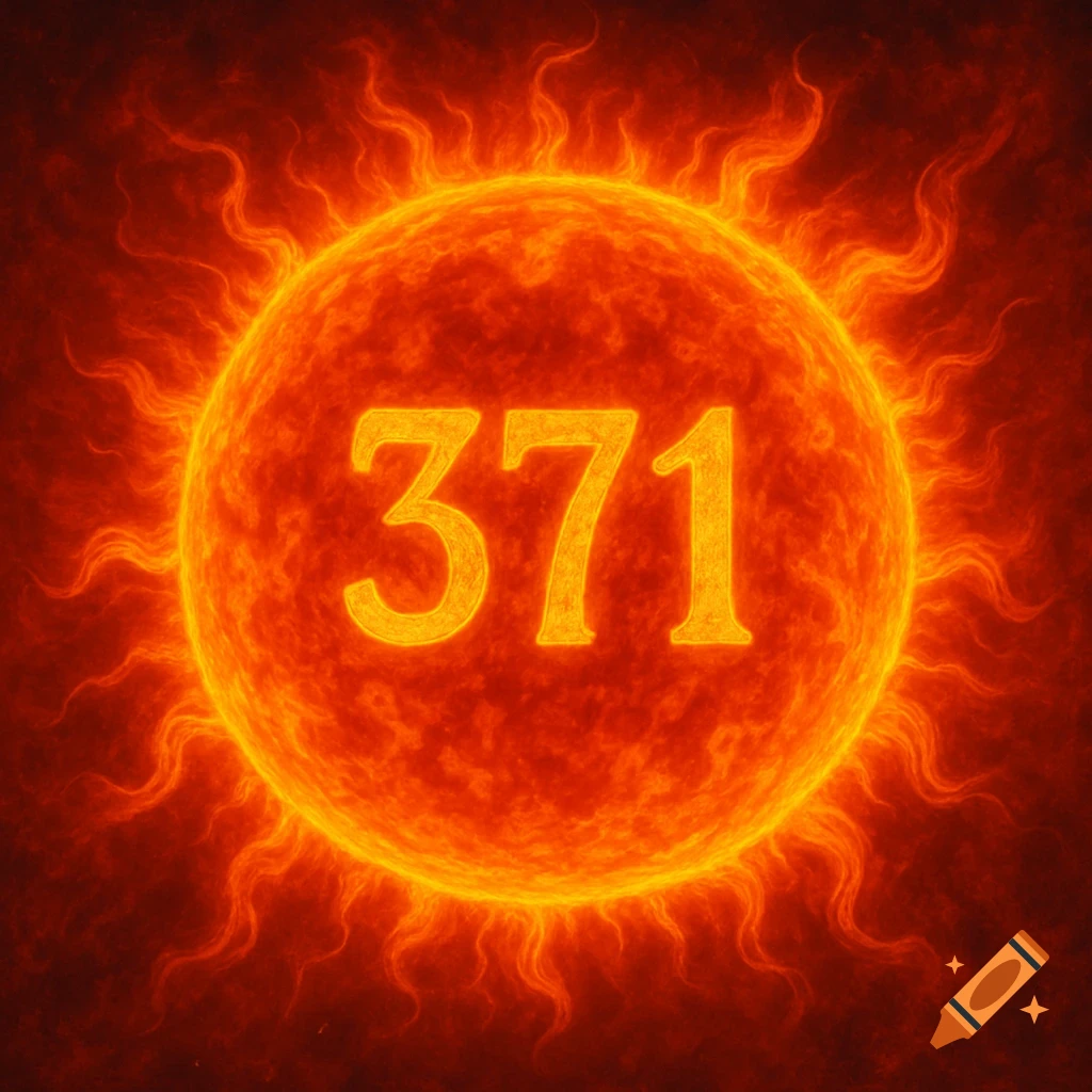 A vibrant, fiery orange and red sun with the number 371 glowing in its ...