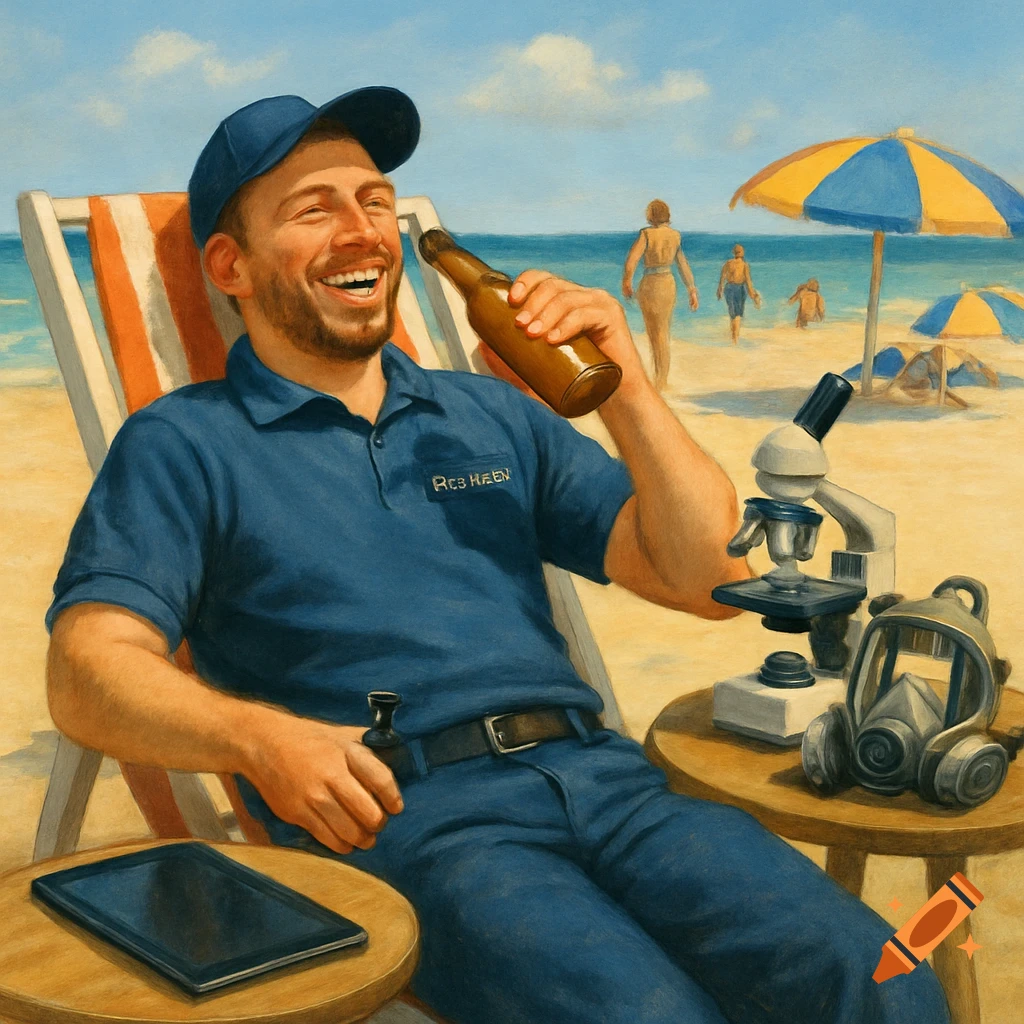 A man in a blue uniform and cap laughs while drinking beer on a beach ...