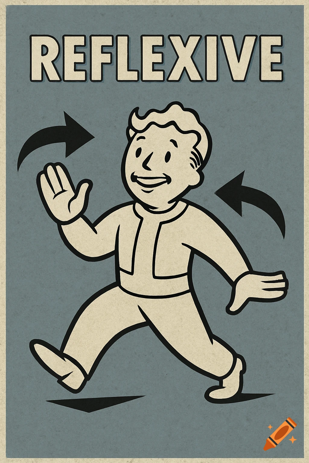 A retro-futuristic style illustration of Vault Boy character walking ...