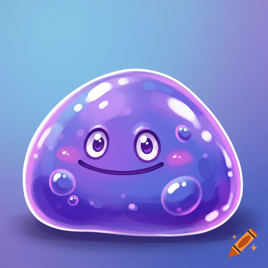 A cute, smiling purple slime creature with big eyes and small bubbles, cartoon style. on Craiyon