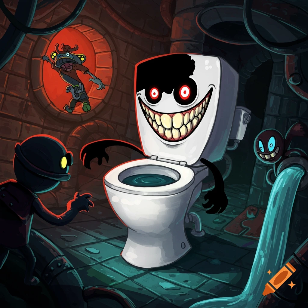 A cartoon monstrous toilet with red eyes and a wide grin confronts a ...