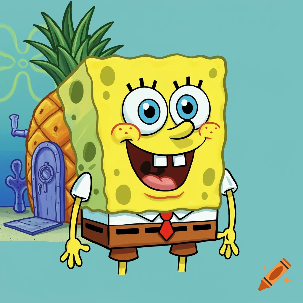 Spongebob Squarepants smiles widely in front of his pineapple house on ...
