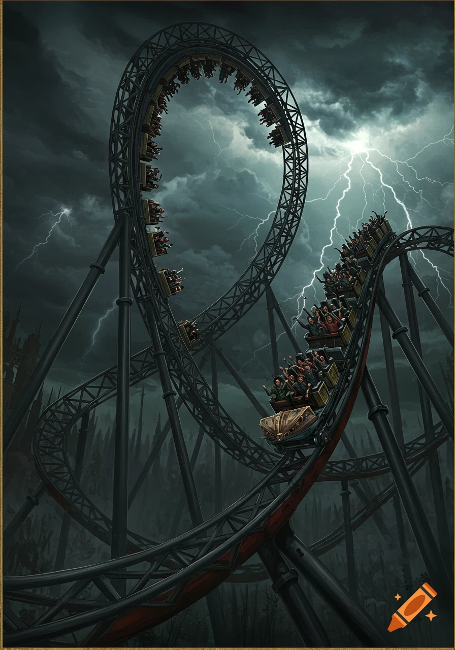 A dark, dramatic image of a roller coaster with a full train of riders ...