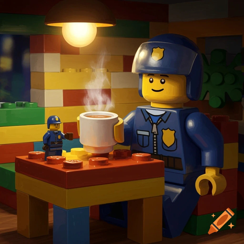 A large Lego police officer sits at a Lego table, holding a steaming ...
