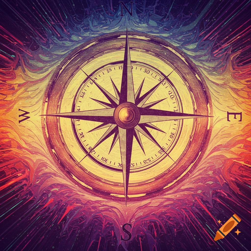 A vibrant, colorful abstract background surrounds a detailed compass ...