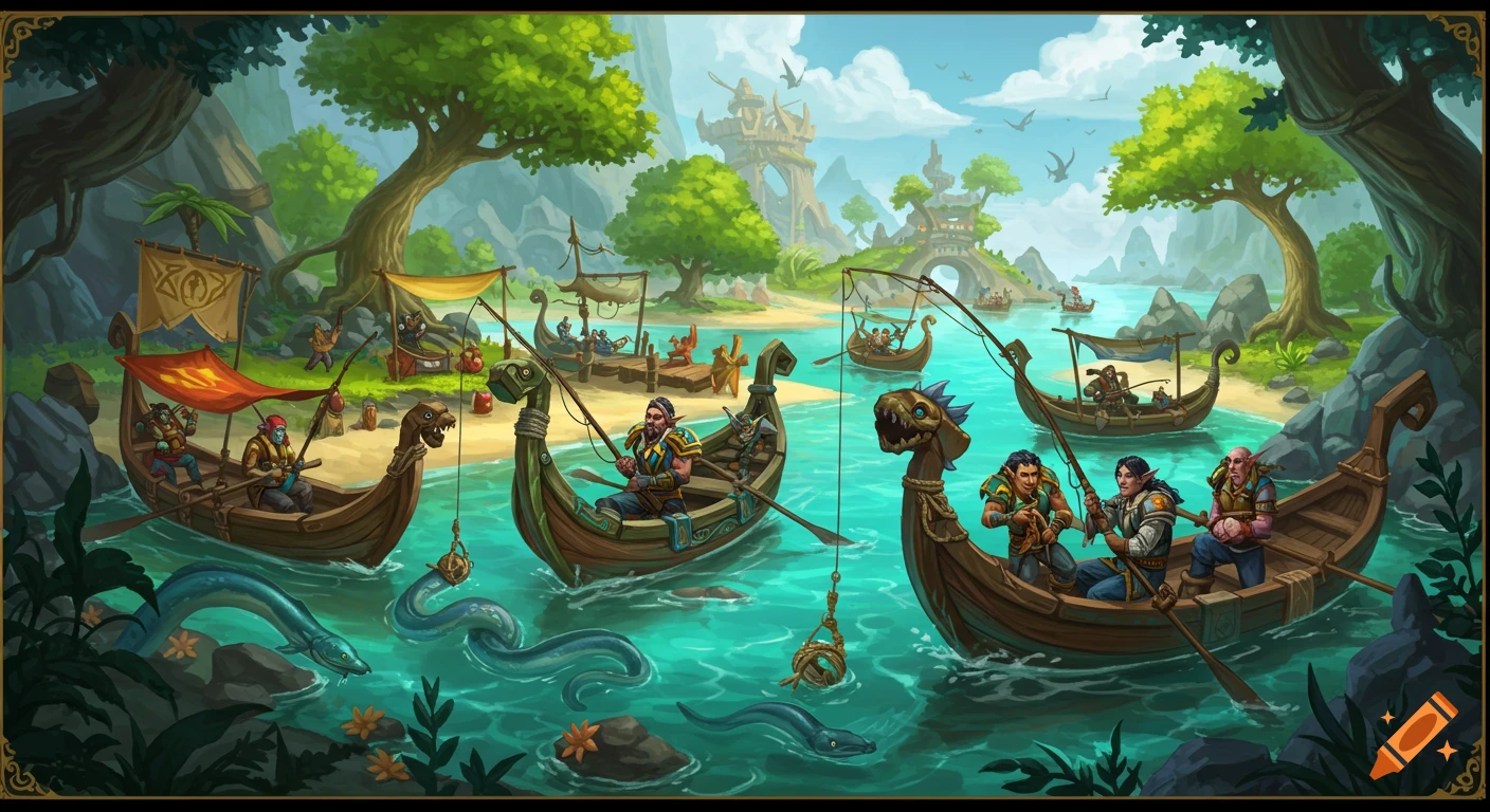 A vibrant stylized fantasy illustration of several characters fishing ...