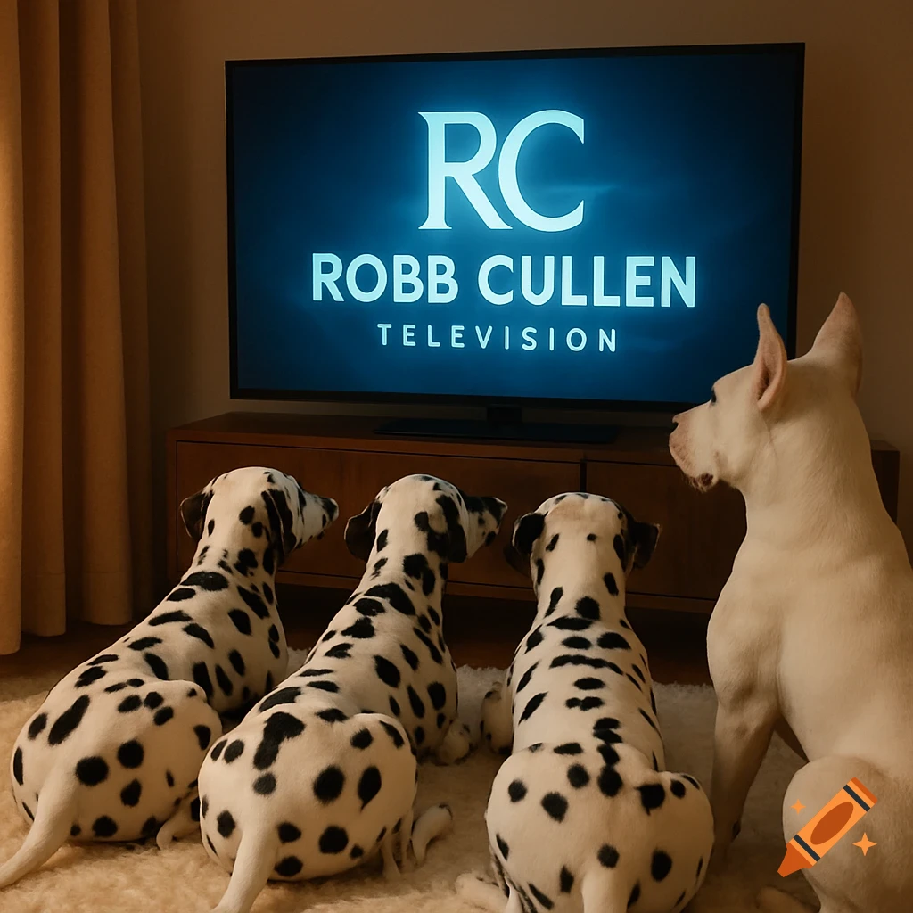 Four dogs, three Dalmatians and a Dogo Argentino, sit on a white rug watching TV with 'Robb ...