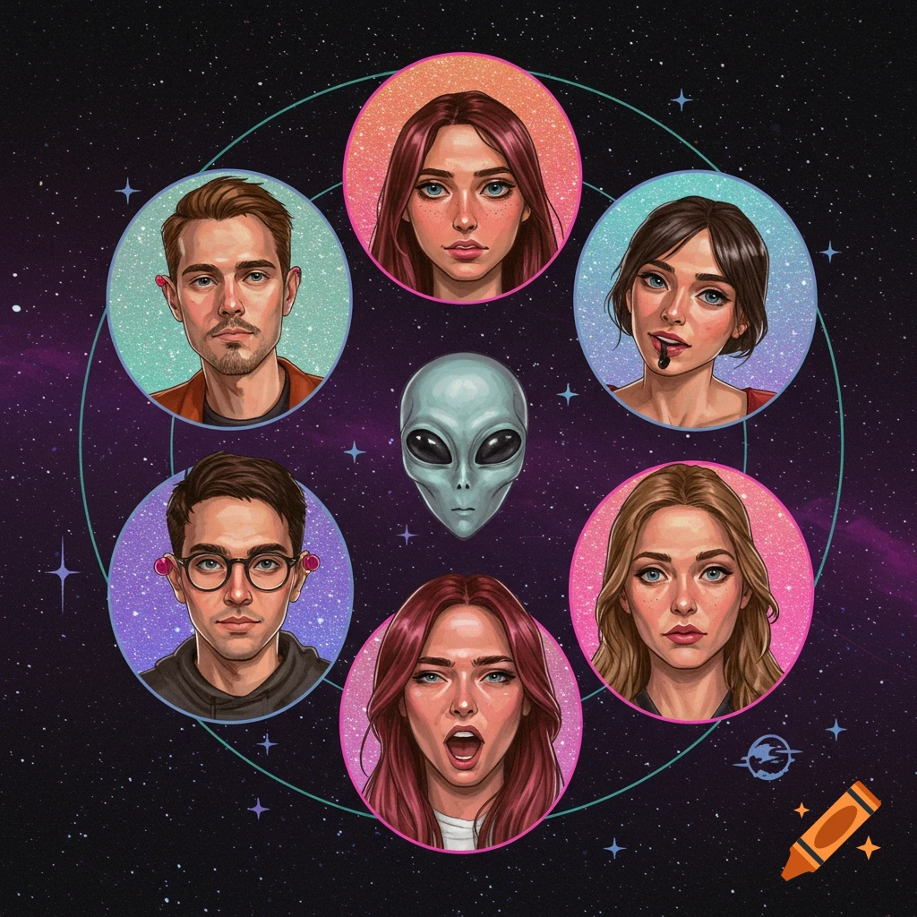 Stylized cartoon portraits of four women and two men in circular frames ...