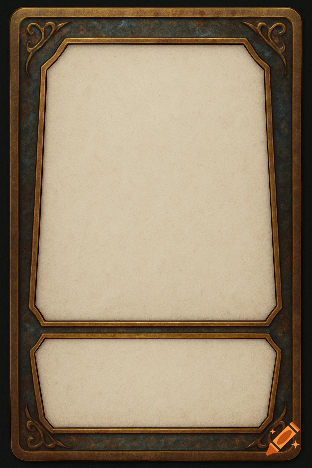 An ornate fantasy card game border featuring bronze and verdigris ...