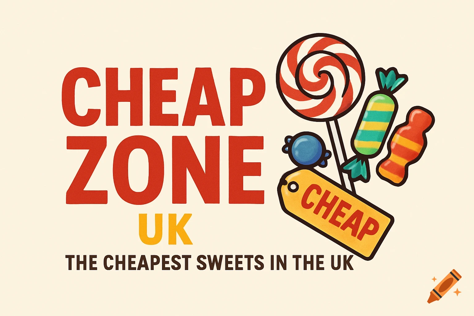 Colorful logo for Cheap Zone UK with lollipop, candies, and a yellow ...