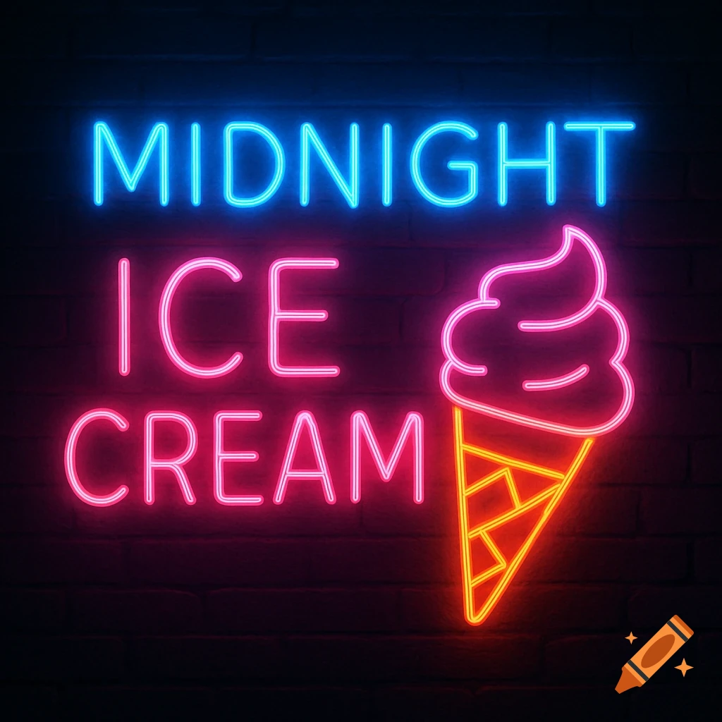 A bright neon sign with the words 'MIDNIGHT ICE CREAM' in blue and pink ...