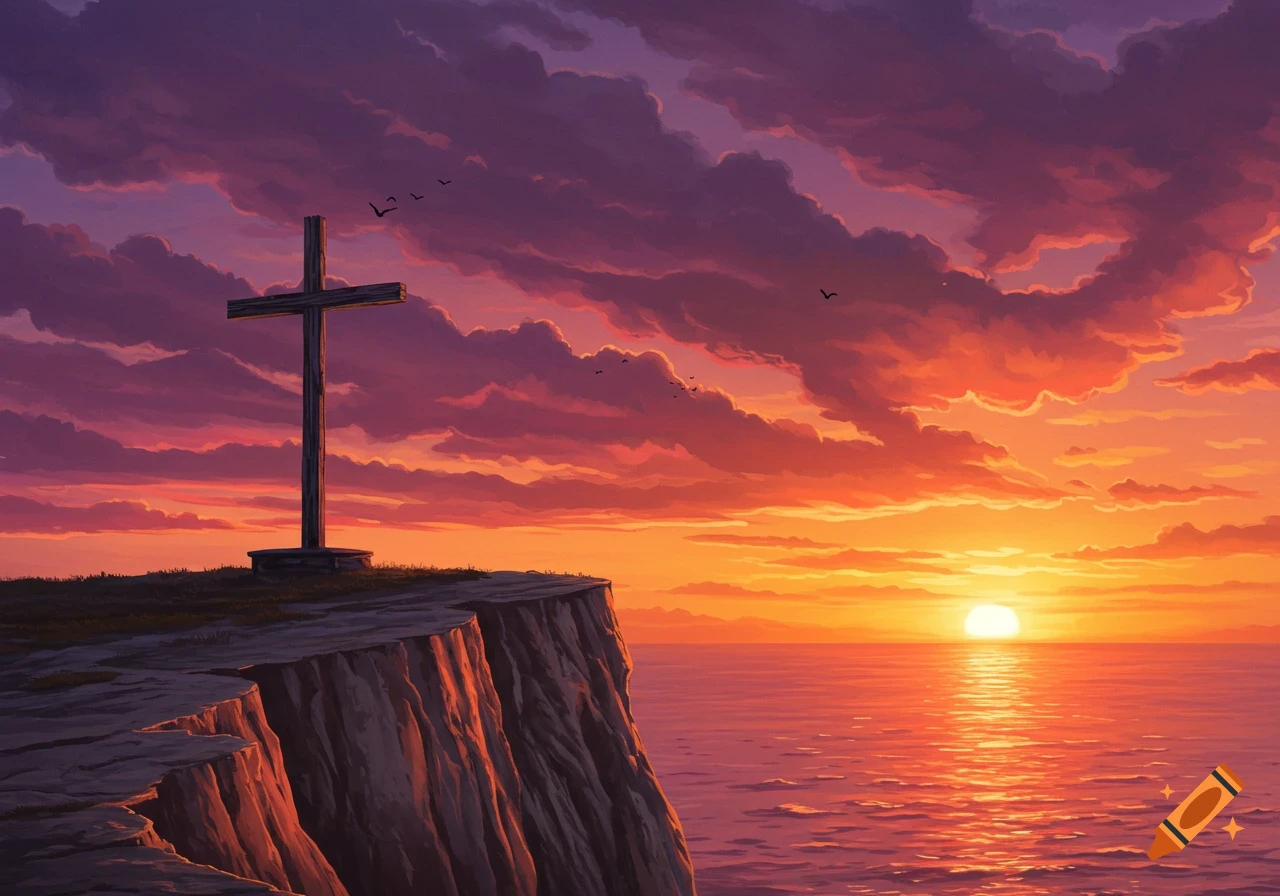 A wooden cross stands on a cliff overlooking a radiant ocean sunset ...