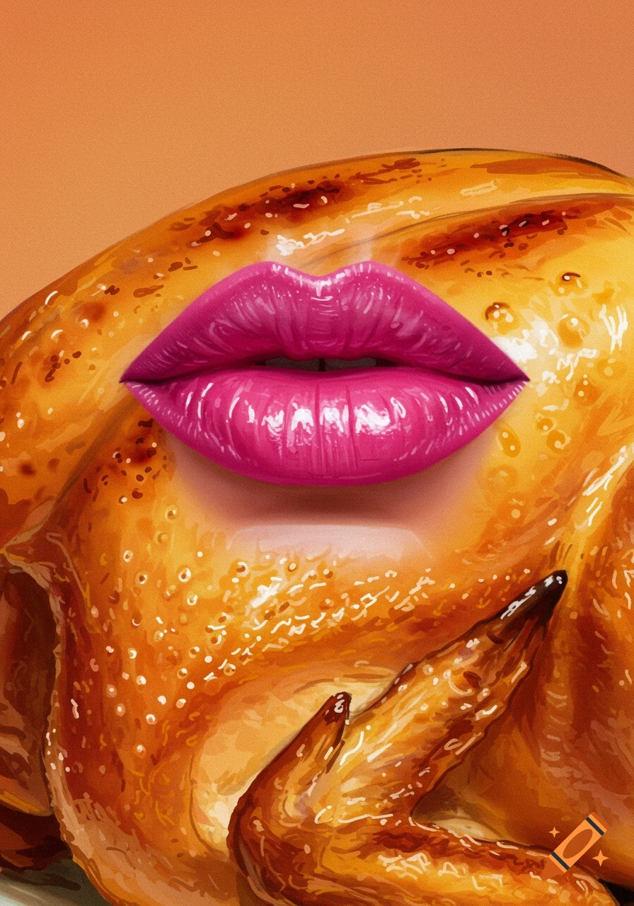 A pair of glossy pink human lips placed on a roasted chicken, close-up ...