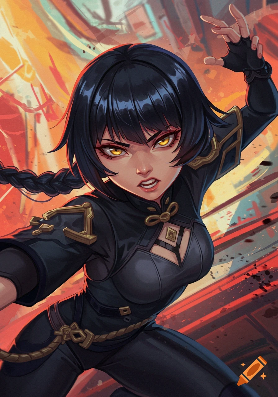 Anime-style character with dark hair and glowing yellow eyes in a black ...