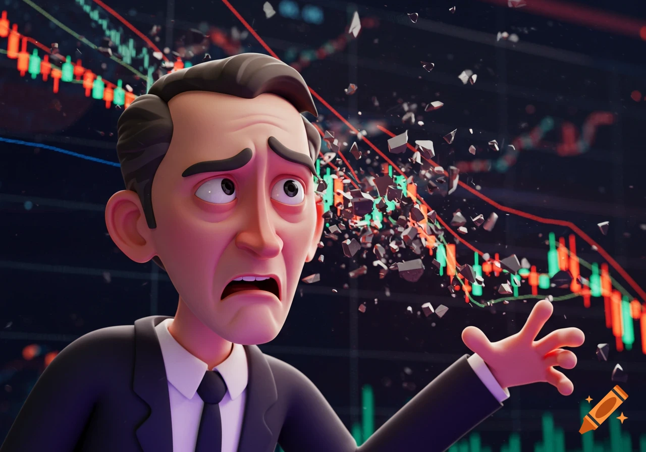 A 3D illustrated frustrated man in a suit watches as a stock market ...