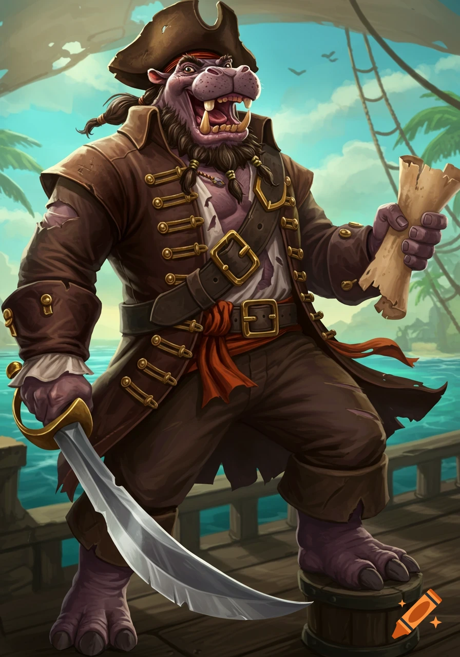 A muscular hippopotamus pirate captain in a brown coat and hat stands ...