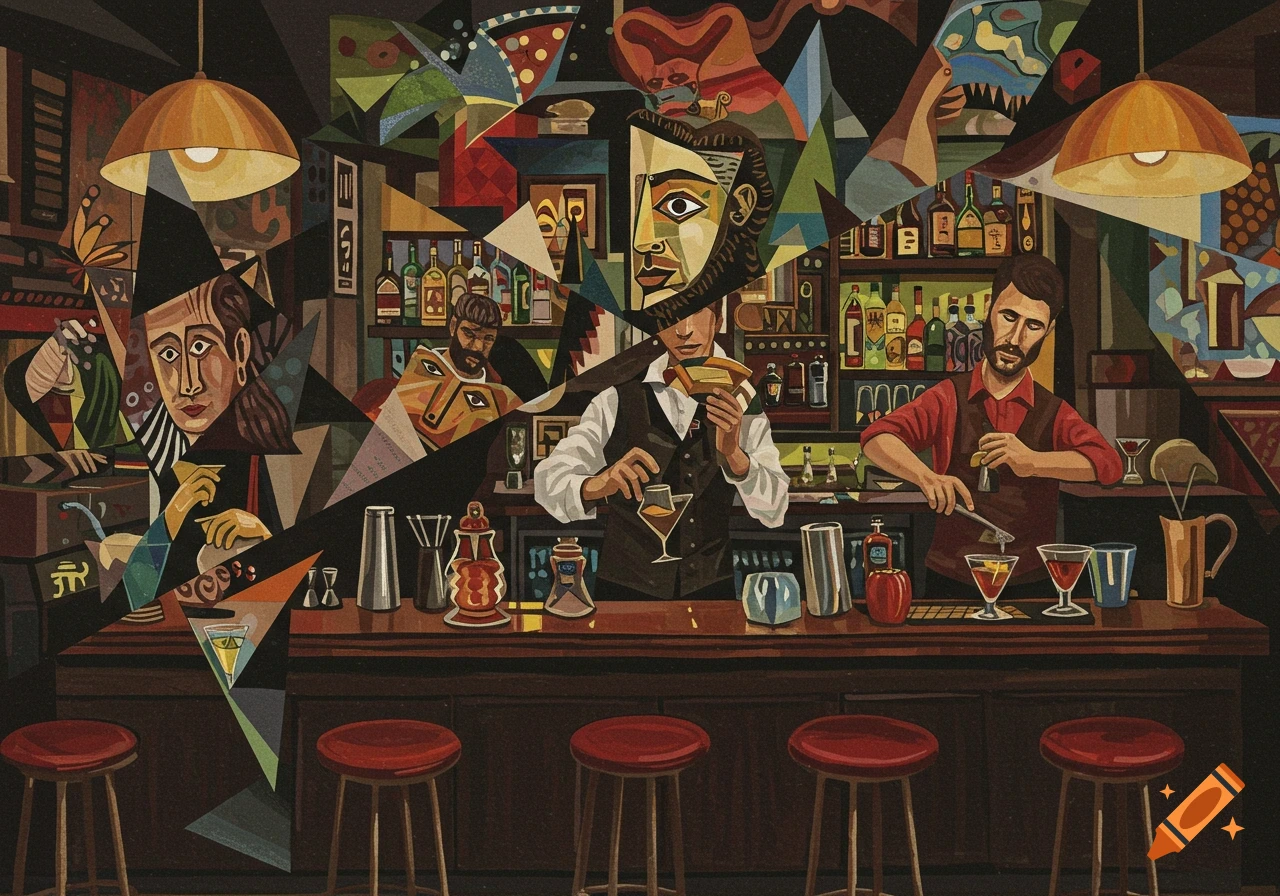 A cubist painting of a bar scene with fragmented figures of bartenders ...