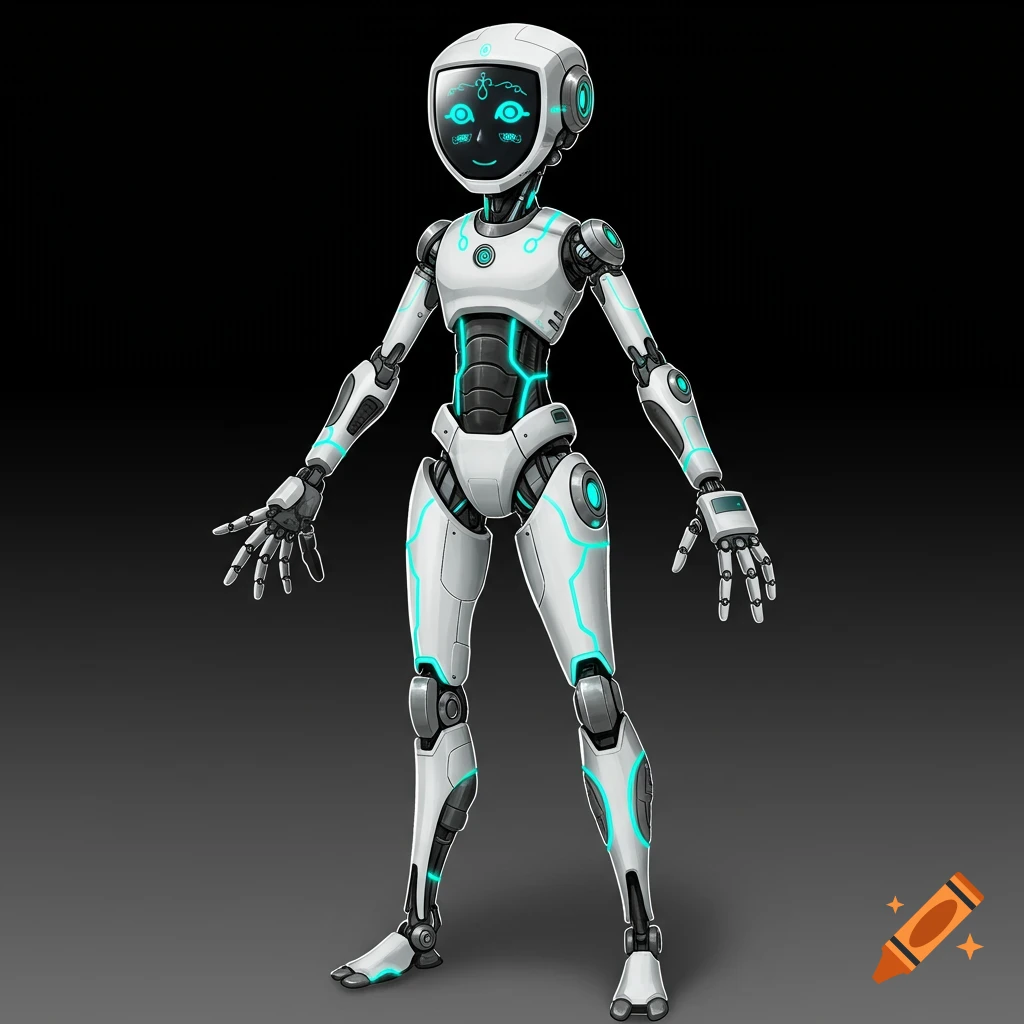 A sleek, white and silver feminine robot with glowing cyan lines and ...