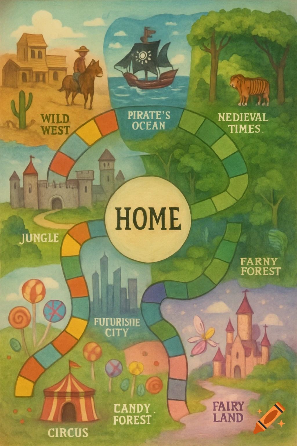 A colorful, illustrated game board featuring various themed lands like ...