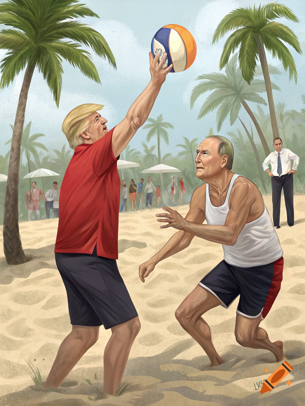 Illustration of Donald Trump and Vladimir Putin playing volleyball on a ...