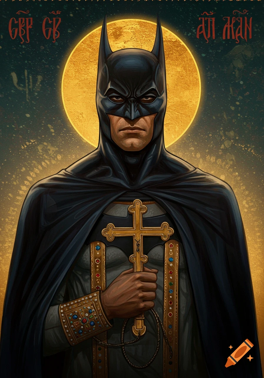 Batman depicted as an Orthodox Christian icon, wearing clergy robes ...