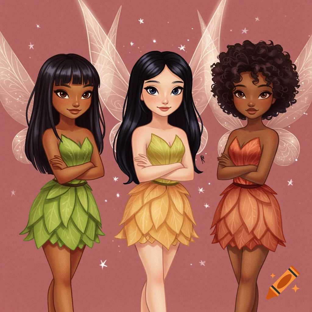 Three cartoon Disney-style fairies with leaf dresses and wings stand ...