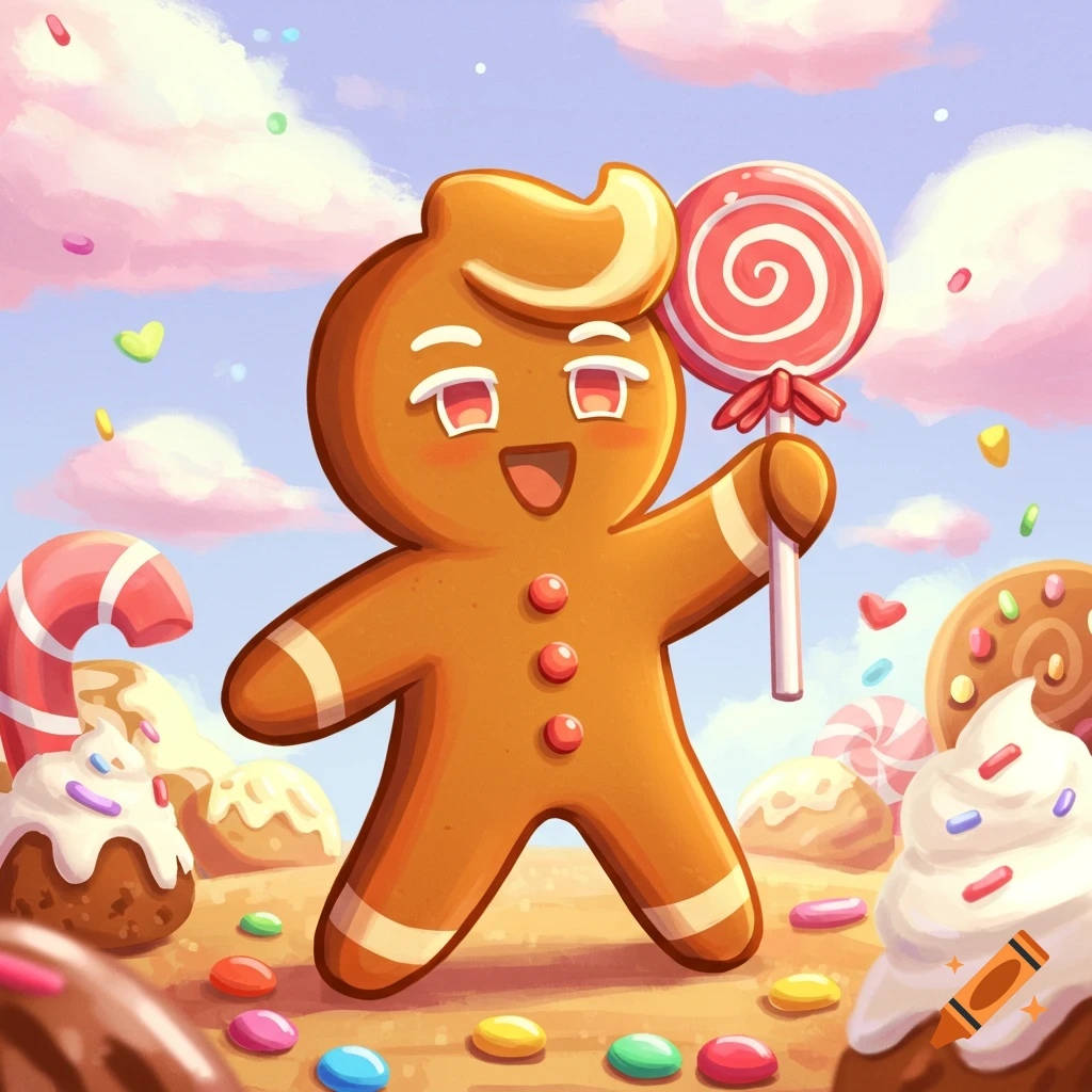 A smiling gingerbread man holds a large pink lollipop in a vibrant ...