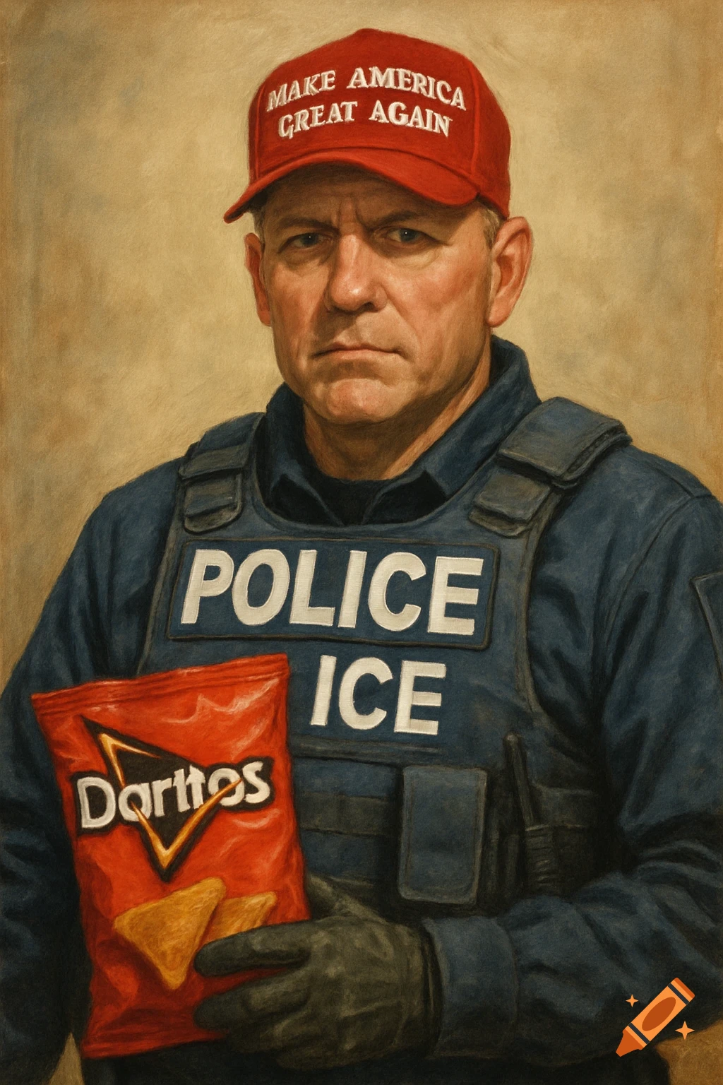 A painted portrait of a man wearing a red "MAKE AMERICA GREAT AGAIN ...