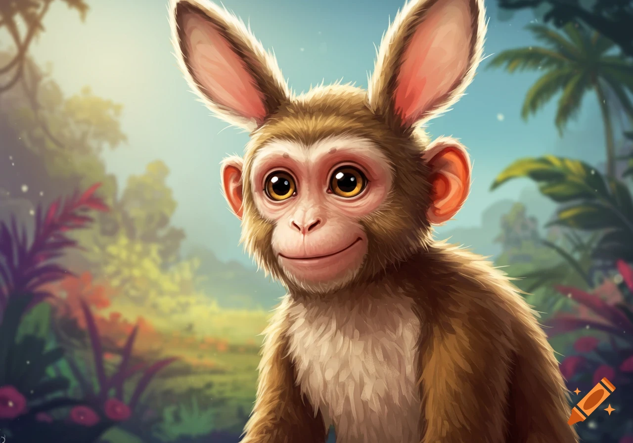 Cute cartoon monkey with long rabbit ears smiles in a vibrant jungle ...