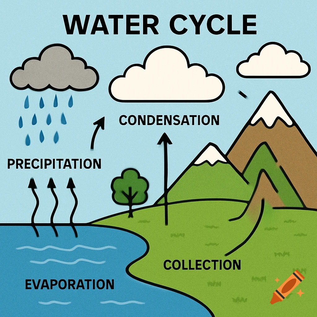 An illustrated diagram of the water cycle showing evaporation ...