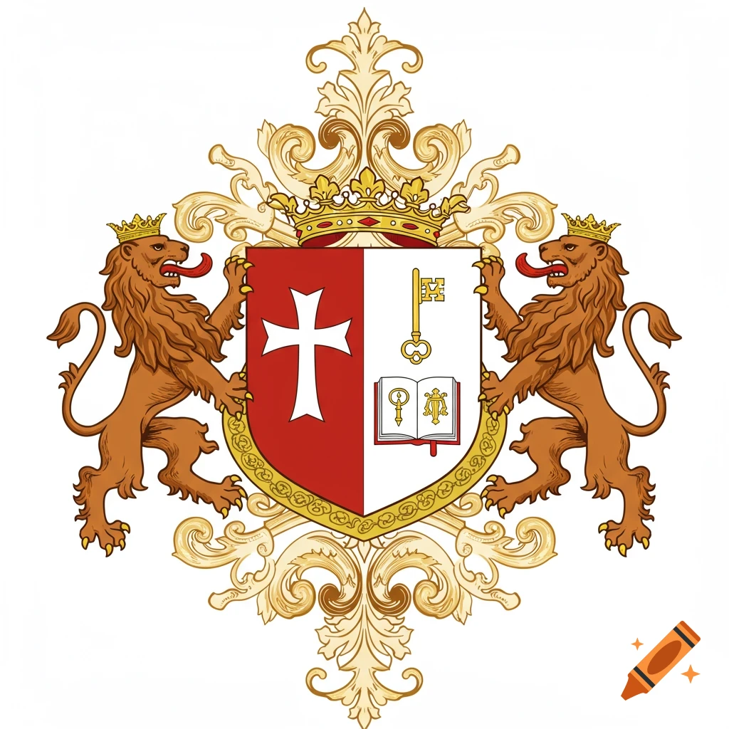 A coat of arms with two crowned lions flanking a shield. The shield is ...