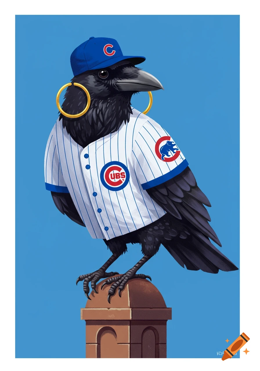 A stylized black crow wears a blue Chicago Cubs baseball cap and a ...