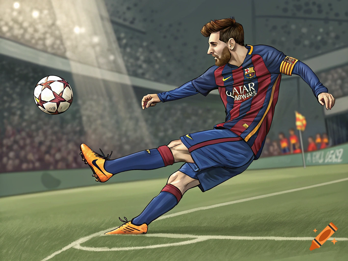An illustration of soccer player Lionel Messi in a blue and red jersey ...