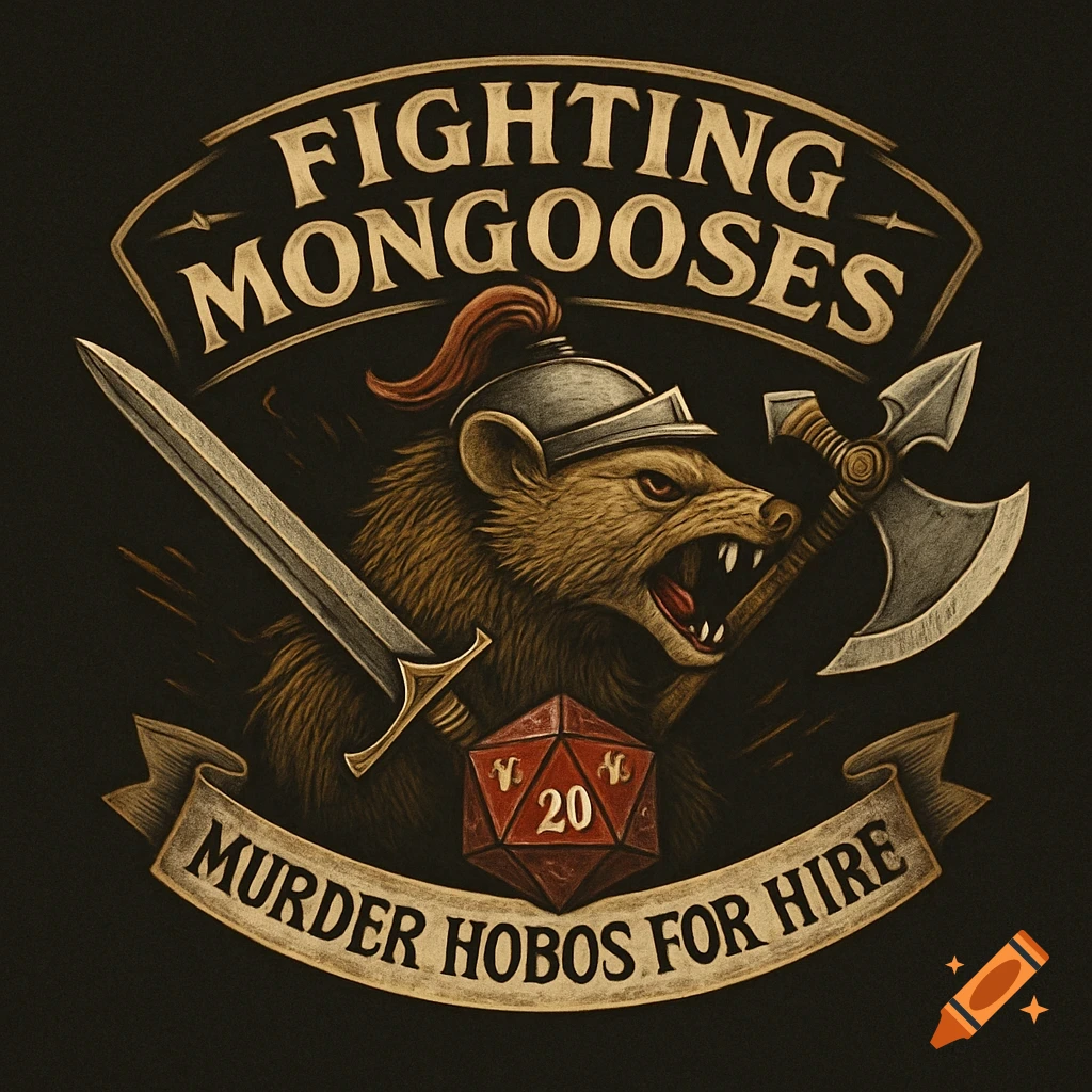 A D&D style logo featuring a fierce armored mongoose with a sword, axe ...