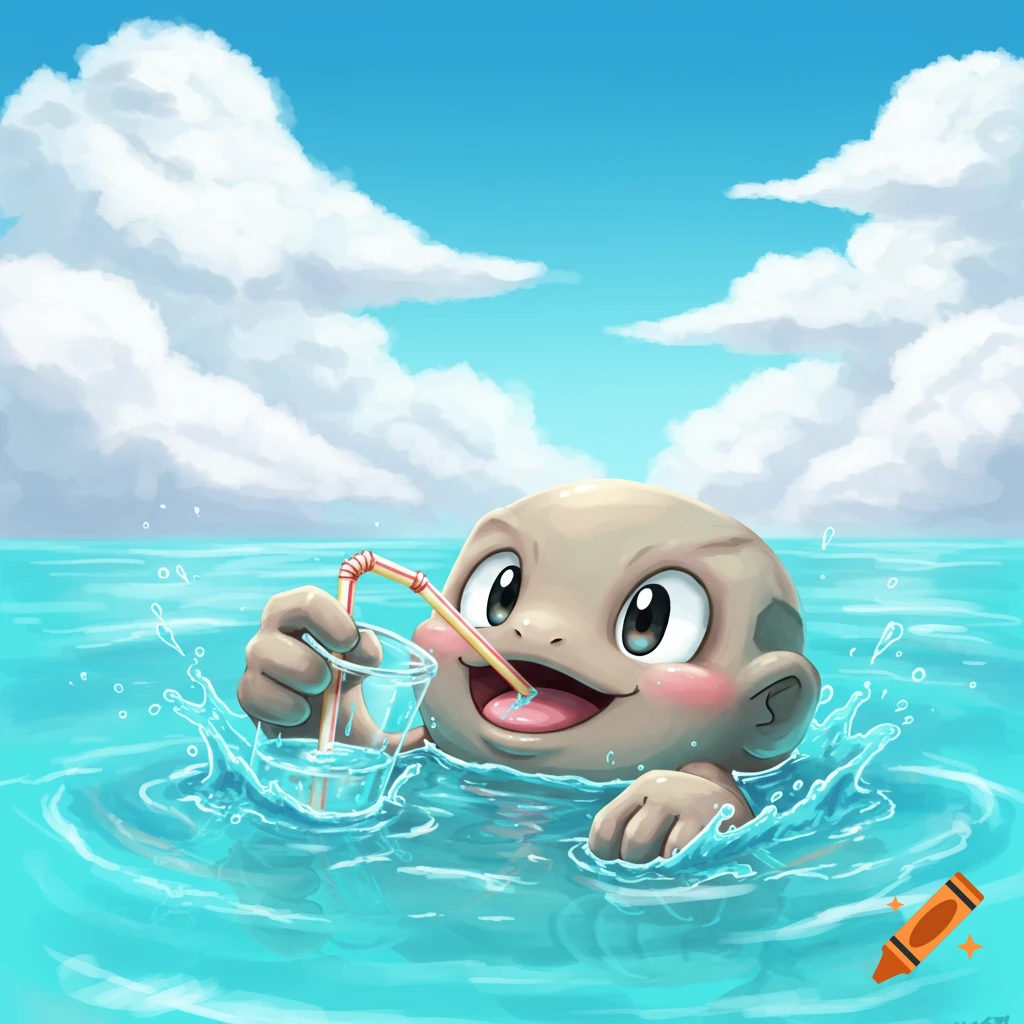 A cartoon Geodude with big eyes and rosy cheeks floats in blue water ...