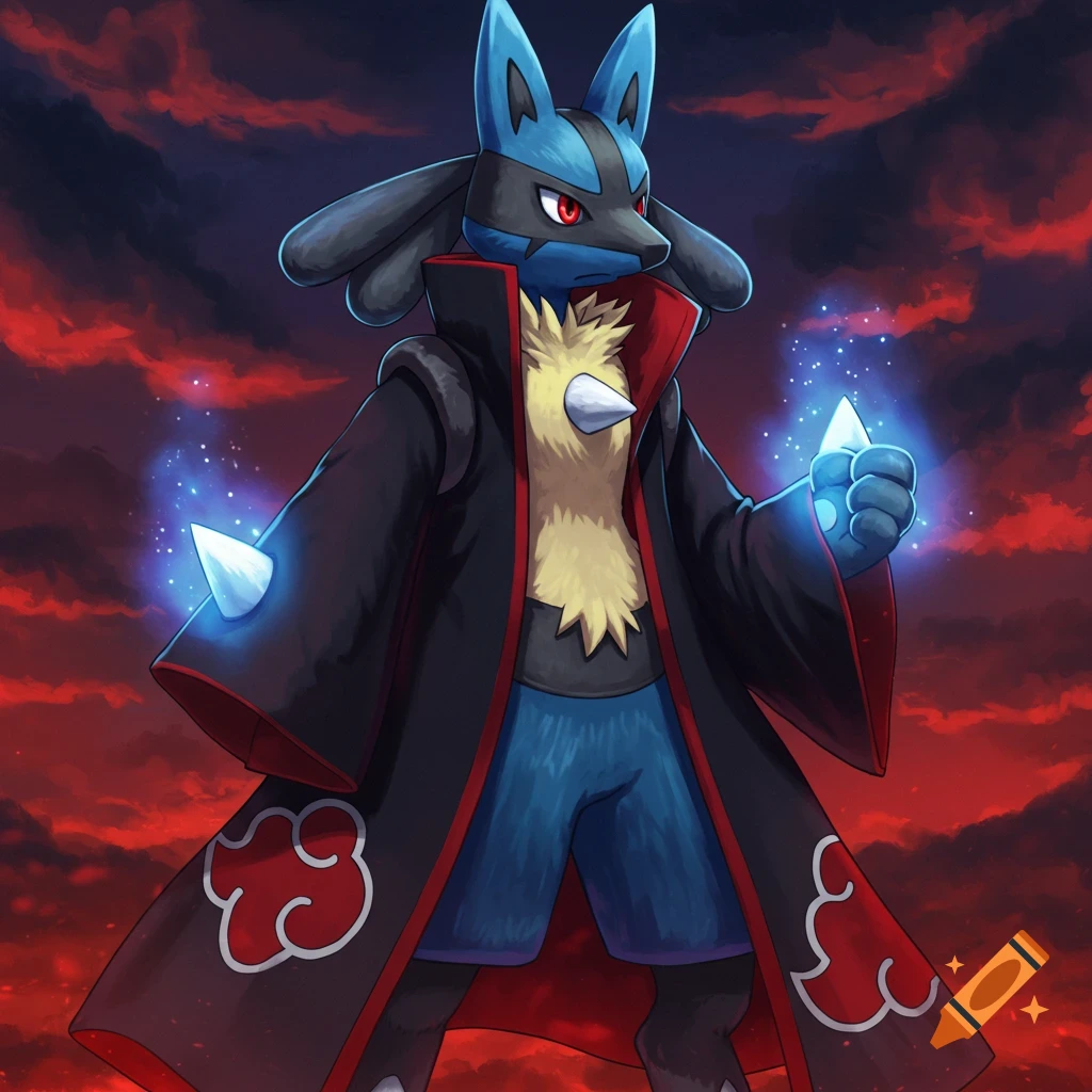 Lucario in a black Akatsuki robe stands against a red stormy sky ...